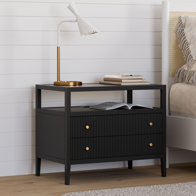 760mm Wide Long Modern Smart Nightstand Fluted Bedside Table with 2 ...