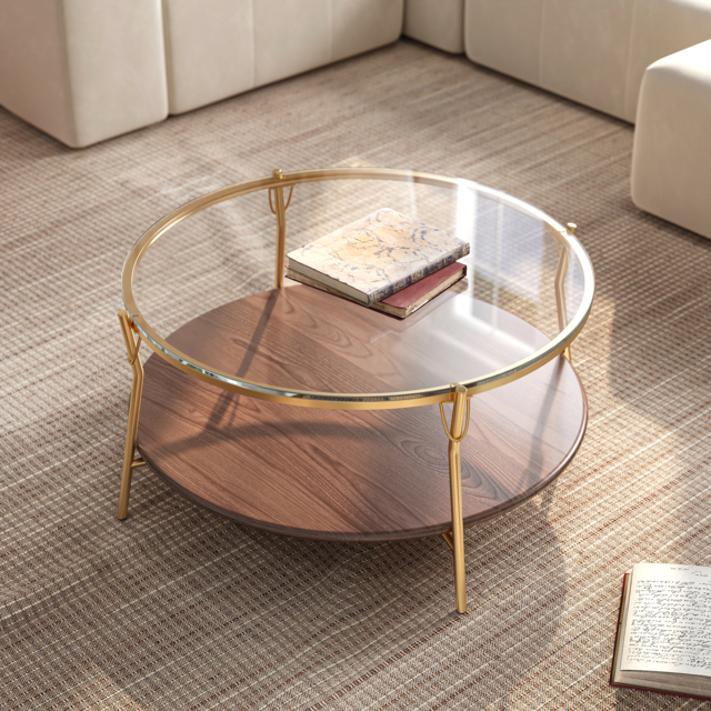 Glass Top Double-Layered Coffee Table with Metal Frame and Wood Layer ...