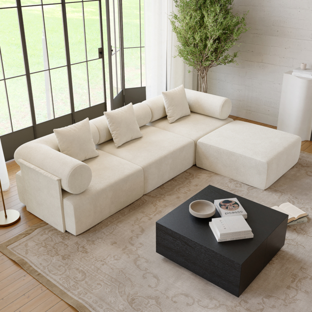 2800mm 4-Piece Modular White Performance Chenille Velvet L-Shape Sectional Sofa with Ottoman by ...