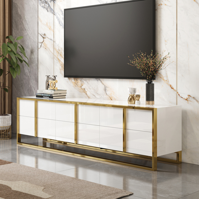 Rimh Zack White 2000mm TV Stand Modern Gold Media Console with 6-Drawer ...