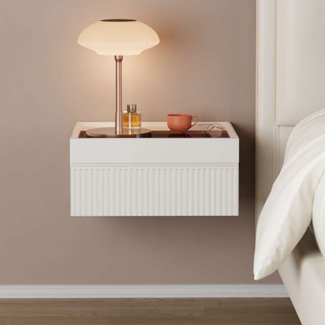Modern Floating White Nightstand with Glass Top & Jewelry Storage Bedside Table by Homary ...