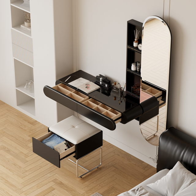 Modern Black Makeup Vanity Set Mirrored Dressing Table with Jewelry ...