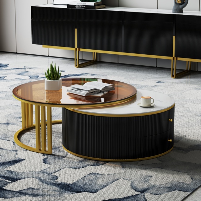 Grovyn Modern Nesting Sintered Stone Top Black Round Glass Coffee Table ...
