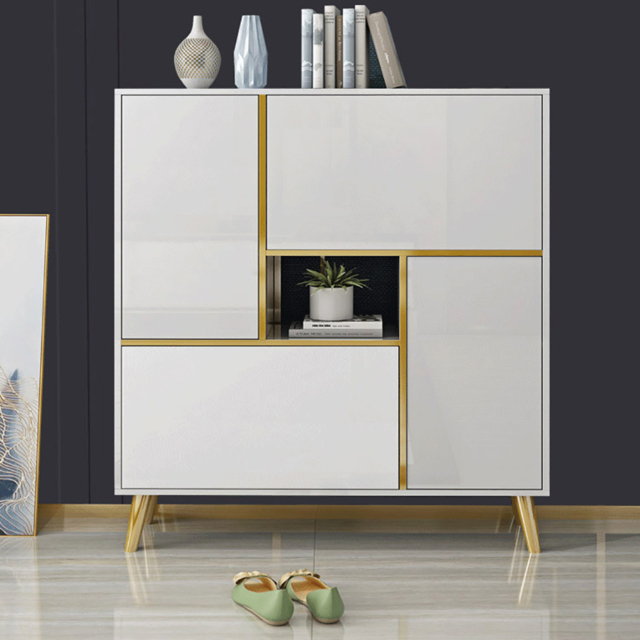 White Modern Shoe Storage Cabinet 17-Pair 2 Doors with Shelves & Pull ...