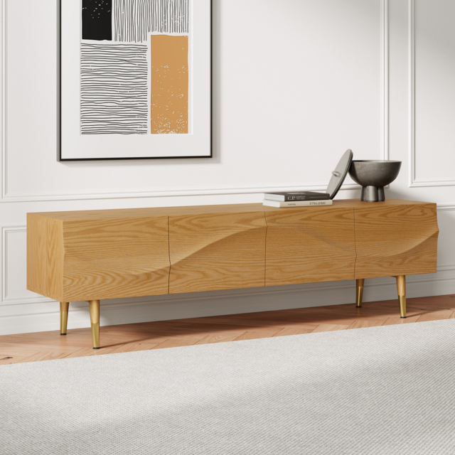 Lake Mid Century TV Stand with Wavy Design Natural Storage Drawers for ...