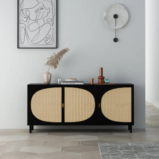 1600mm Japandi Rectangular Black Rattan Sideboard Buffet 3 Doors Storage Cabinet Plywood by ...
