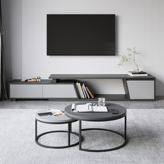 Living Room Set Rectangle Gray Extendable TV Stand & Wood Round Nesting ...