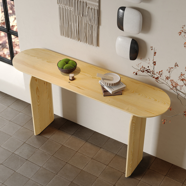 Tintica 1500mm Rustic Solid Wood Long Console Table Natural Entryway Table Pedestal Base by ...