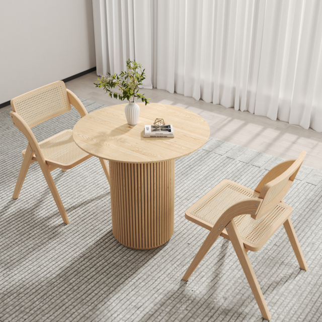 "Dining Table Set Japandi 32"" Round Small Dining Table & 2 Natural ...