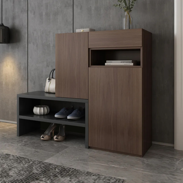 Fero Walnut Corner Shoe Storage Cabinet with 7 Shelves & 1 Drawer ...