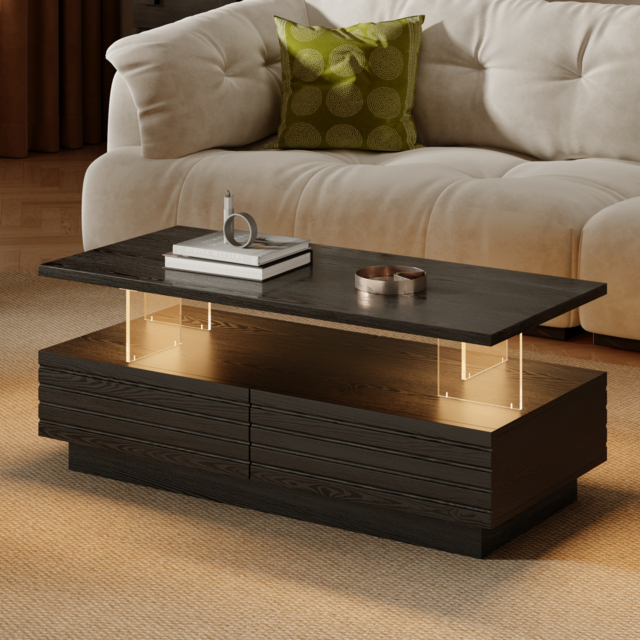 Lumoe 1200mm Modern Black Rectangular Acrylic LED Lights Coffee Table ...
