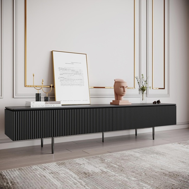 Modern 1800mm TV Stand with Drawers Line Media Console with Black Metal ...