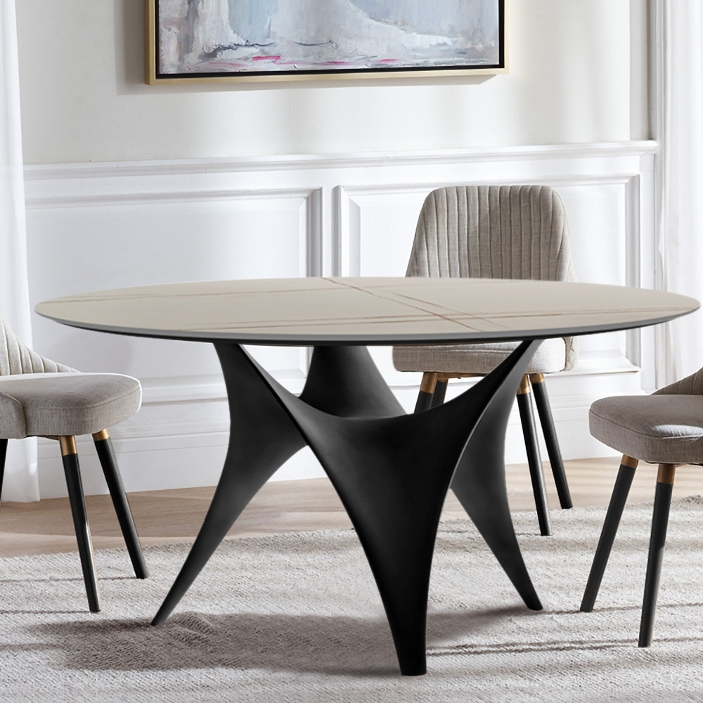 Mid-Century Modern 1200mm Round White Faux Marble Dining Table Black ...