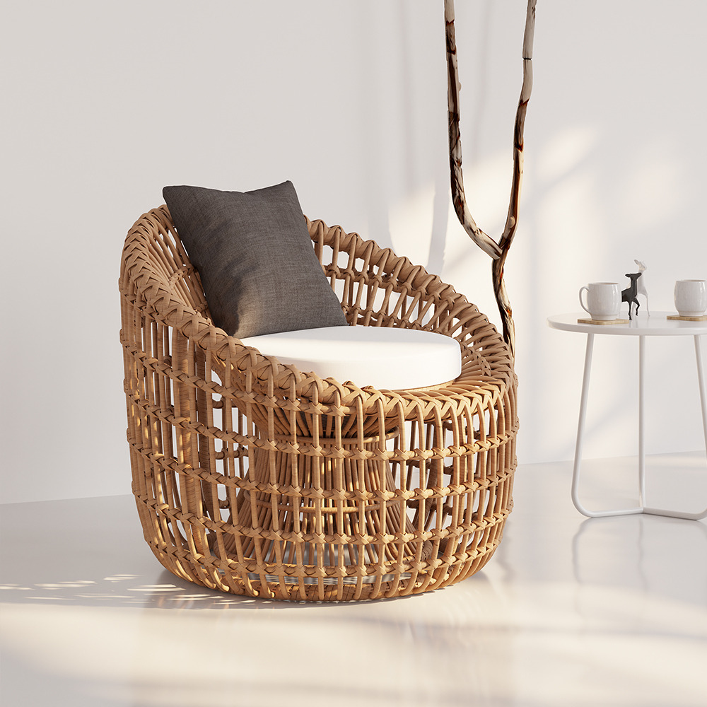 Austen Rattan Outdoor Barrel Chair Nest Shape Sidechair with Cushion in ...