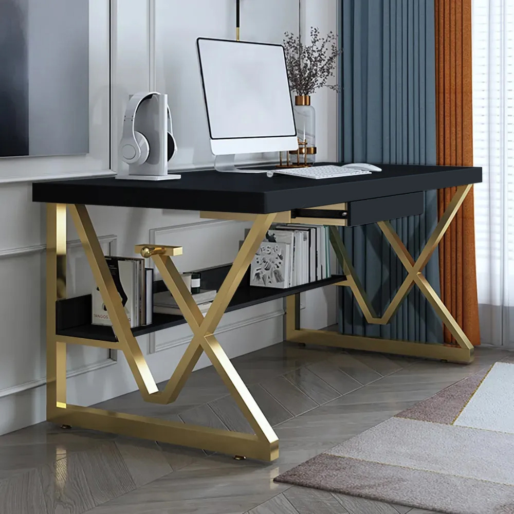 Modern Black Writing Desk with Drawer & Shelf Wood Top & Metal Frame by ...