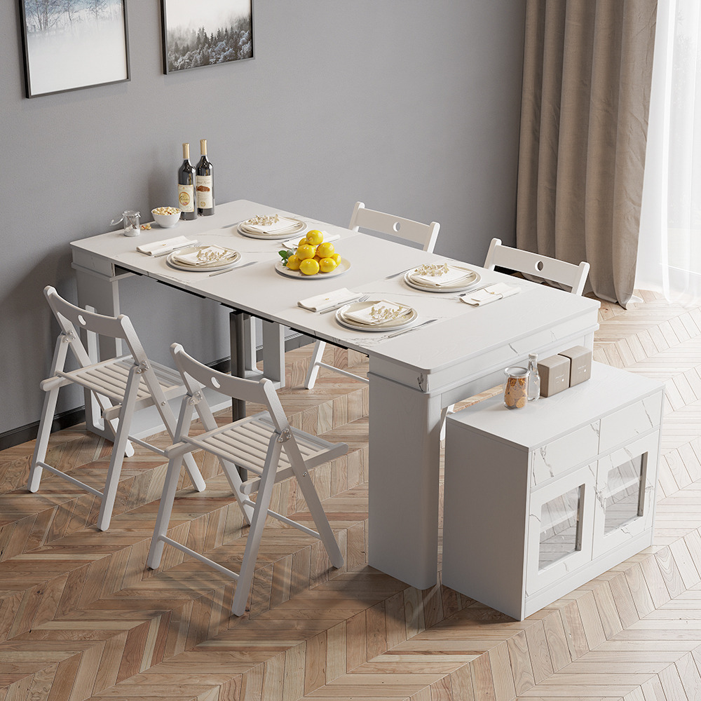 Modern White Extendable Dining Table Set Rectangle Storage Sideboard ...