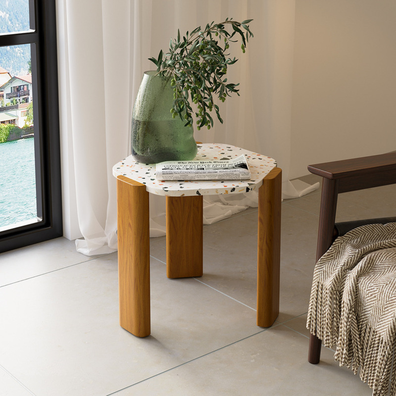 White Hexagon Terrazzo Side Table with 3 Legs End Table Pine Wood in ...