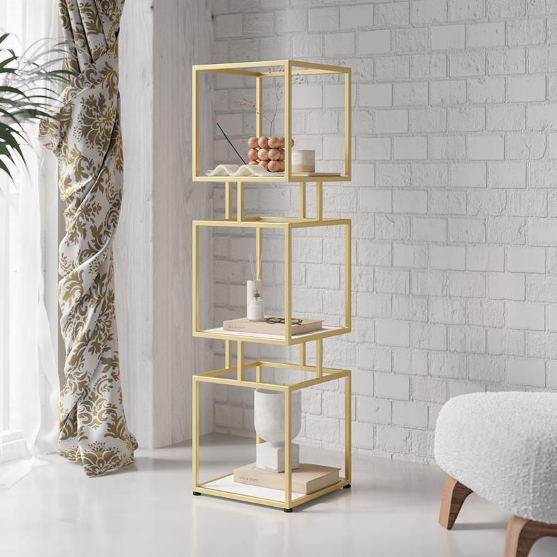 3-Tier Modern Gold Cube Bookcase with Metal Tower Display Shelf in Gold ...