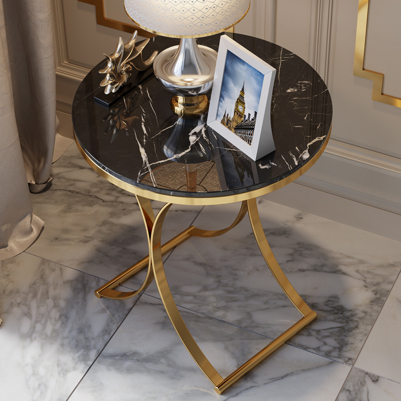 Modern Luxurious Round Black Marble Stone Side Table X-Base End Table ...
