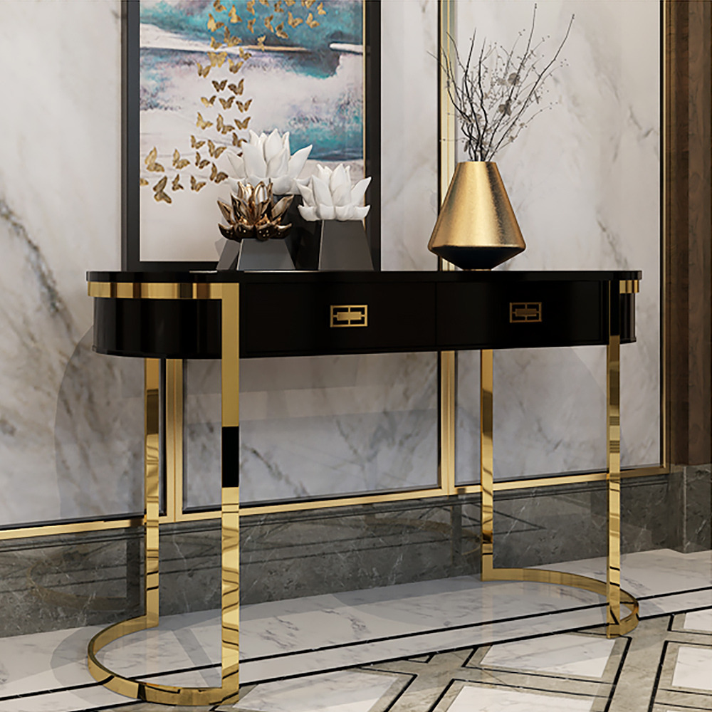 1000mm Black Modern Console Table with Drawers and Double Stainless ...