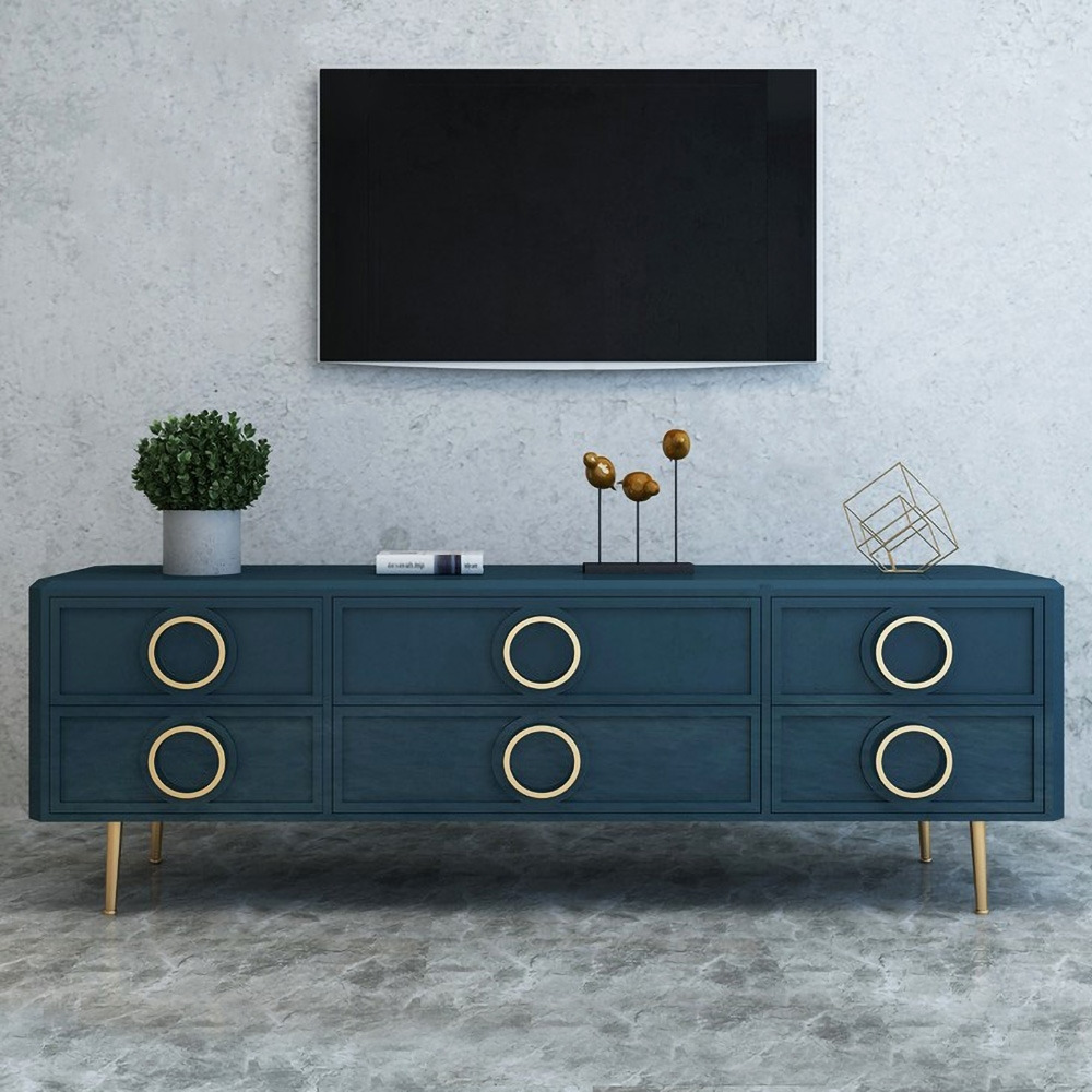 Rindix Navy Blue TV Stand with Storage Drawers for TVs Gold Accents ...