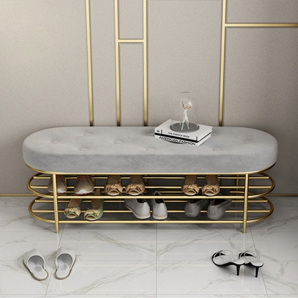 Modern Upholstered Bench Grey Velvet Bench with Shelf Bench with Shoe ...