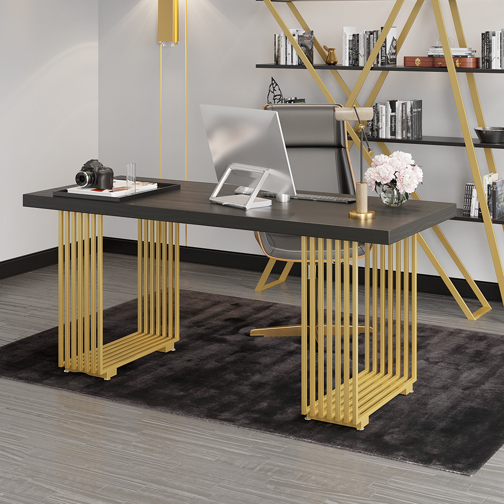 1400mm Modern Black Computer Desk Office Desk with Solid Wood Table Top ...