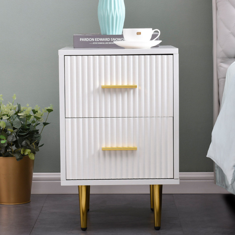 Modern White Rectangle Bedside Table with 2 Drawers and Gold Metal Base ...