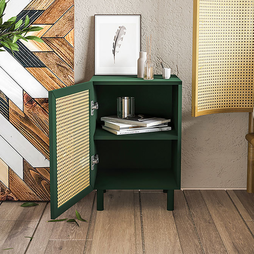 Nordic Green Nightstand Rattan Woven Bedside Table with 1 Door &1 Shelf ...