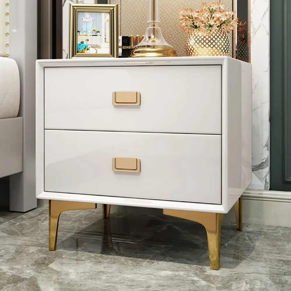 Modern White Bedside Table 2 -Drawer Nightstand in Gold Finish by ...
