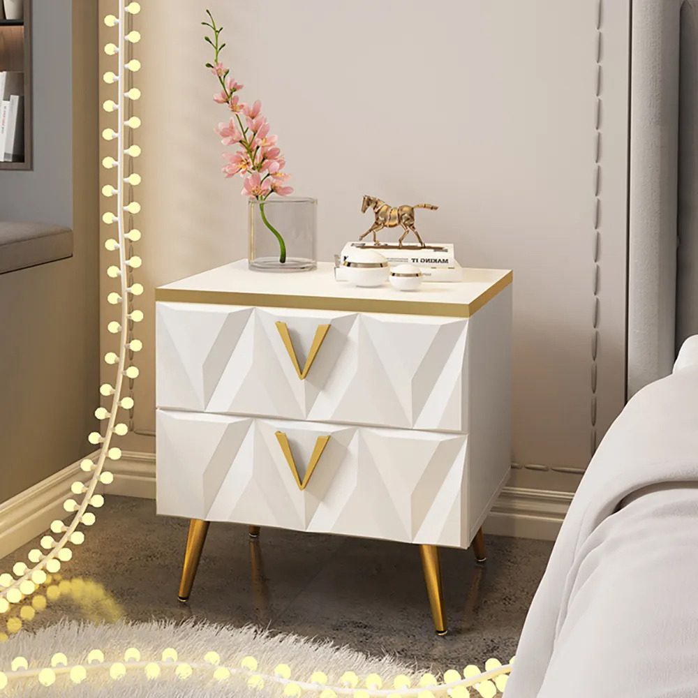 Nordic White Bedside Table 2-Drawer Nightstand V-Shaped Facet & Gold Pulls in Small by Homary ...