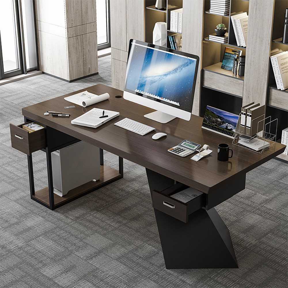 Cabstract Modern Walnut Wood Office Computer Desk with 2 Drawers in ...