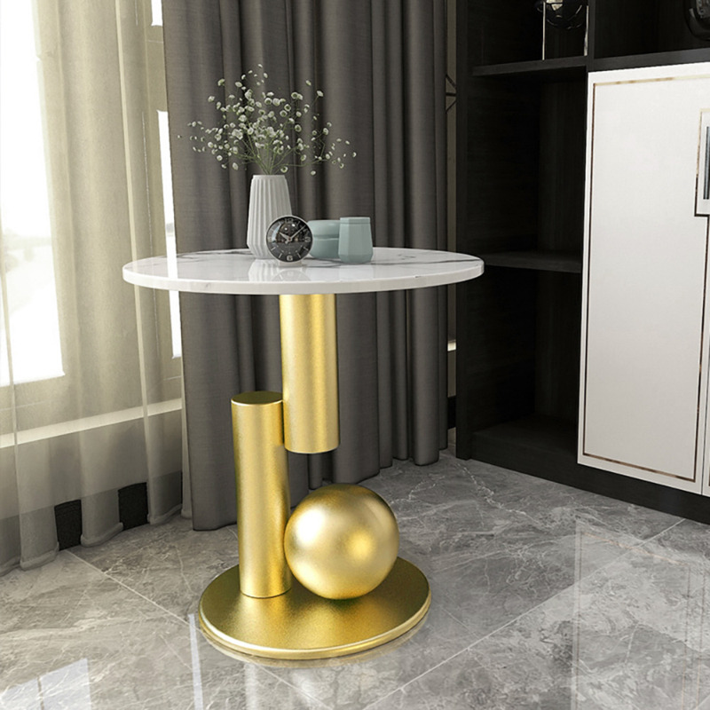 Modern White End Table Round Marble Stone Top with Abstract Metal Base ...
