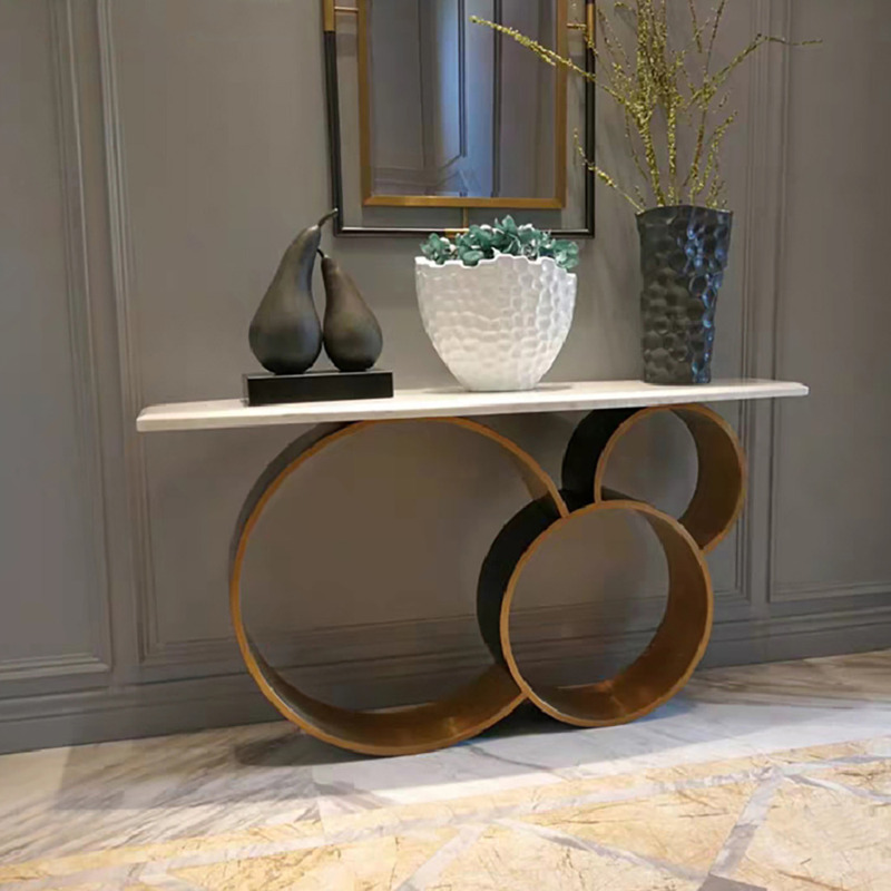 1450mm Modern Narrow White Console Table Marble Top Round Stainless ...