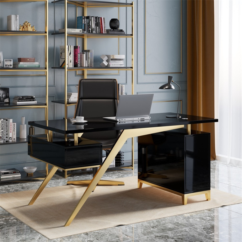 Hungled 1800mm Modern Black & Gold Office Wood Executive Desk with ...