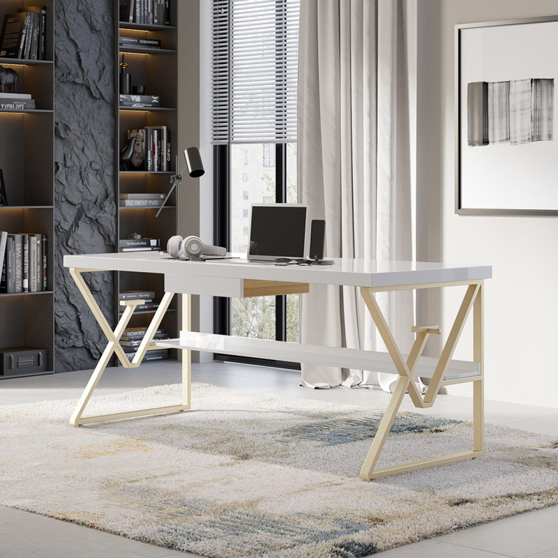 Modern White Writing Desk with Drawer & Shelf Wood Top & Metal Frame by ...