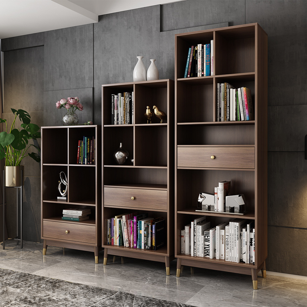 Ultic Modern Walnut Bookshelf Bookcase with Metal Frame and Drawer by ...