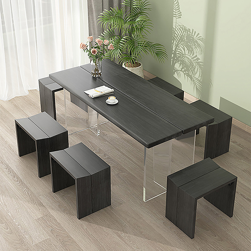 "Japandi 1600mm Acrylic Dining Table Rectangle Black Wood Tabletop ...