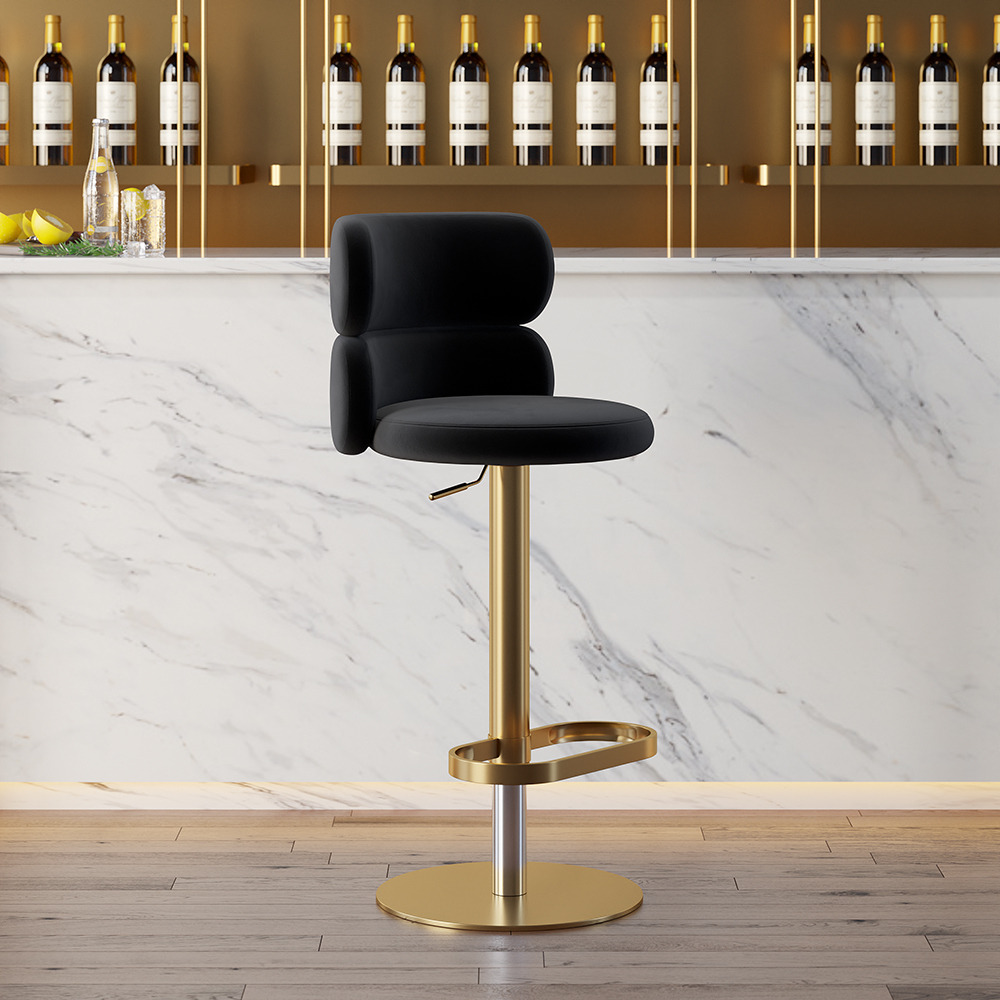 Black Velvet Swivel Bar Stool with Full Back & Gold Pedestal Base ...
