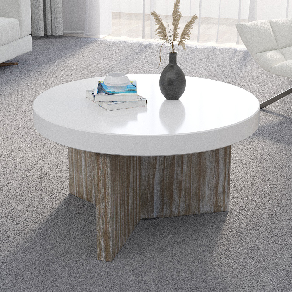 800mm Japandi Round Pine Wood Coffee Table in White with Rustic ...