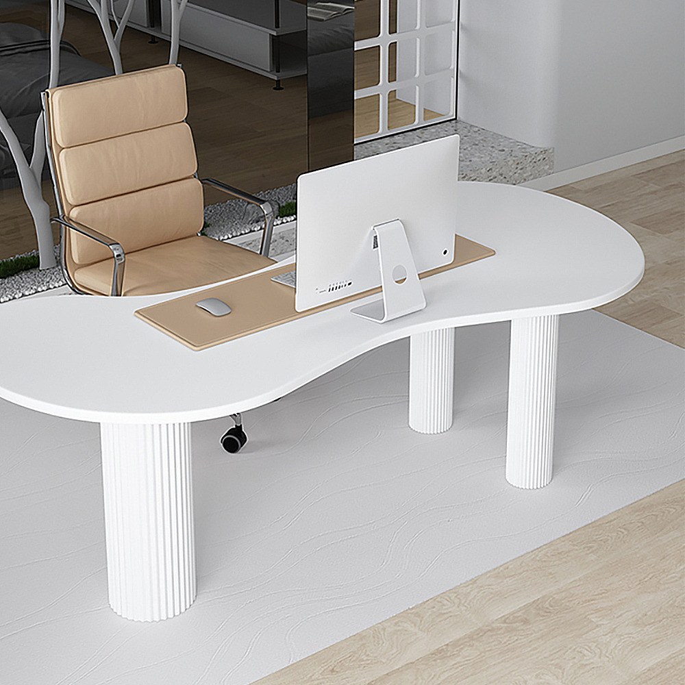 1400mm Japandi White Curved Desk Home Office Pedestal Desk with 3 Legs ...