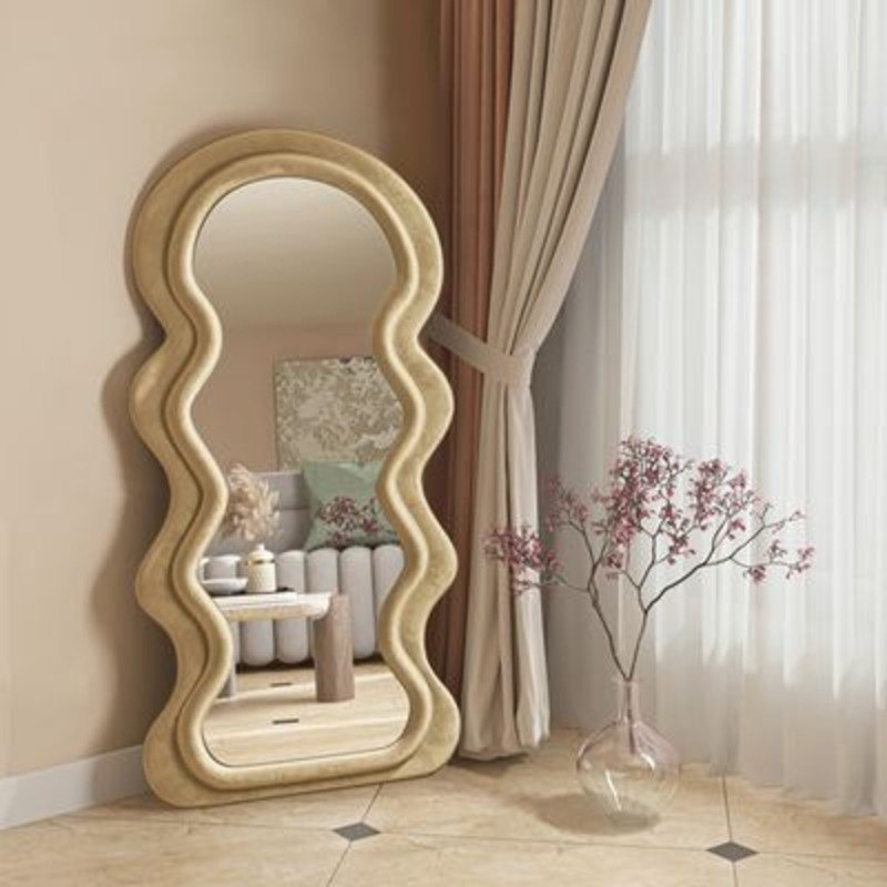 Modern Full Length Large Wooden Wavy Floor Mirror with Frame in Khaki ...