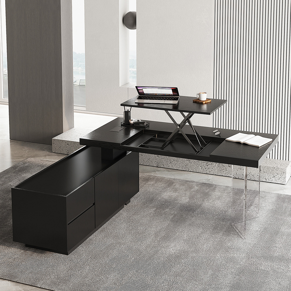 1815mm Modern Black L-Shape Executive Desk with Side Cabinet Height ...