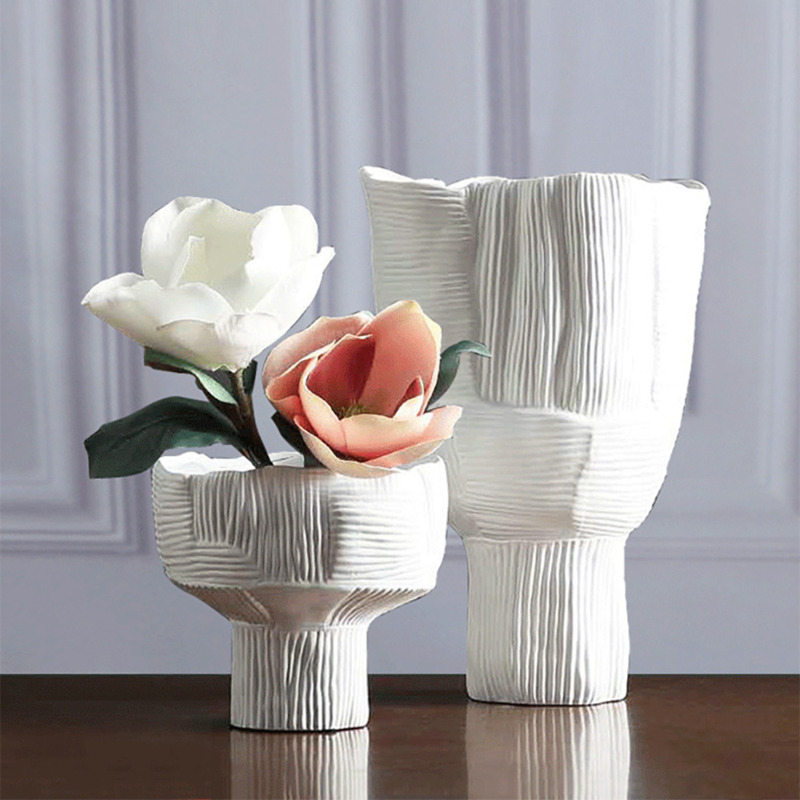 2 Pieces Minimalist White Striped Flower Vases Set Resin Vase Decor ...
