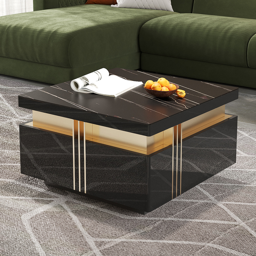 Trimied 700mm Modern Black Square Storage Coffee Table Stone Top & 4 ...