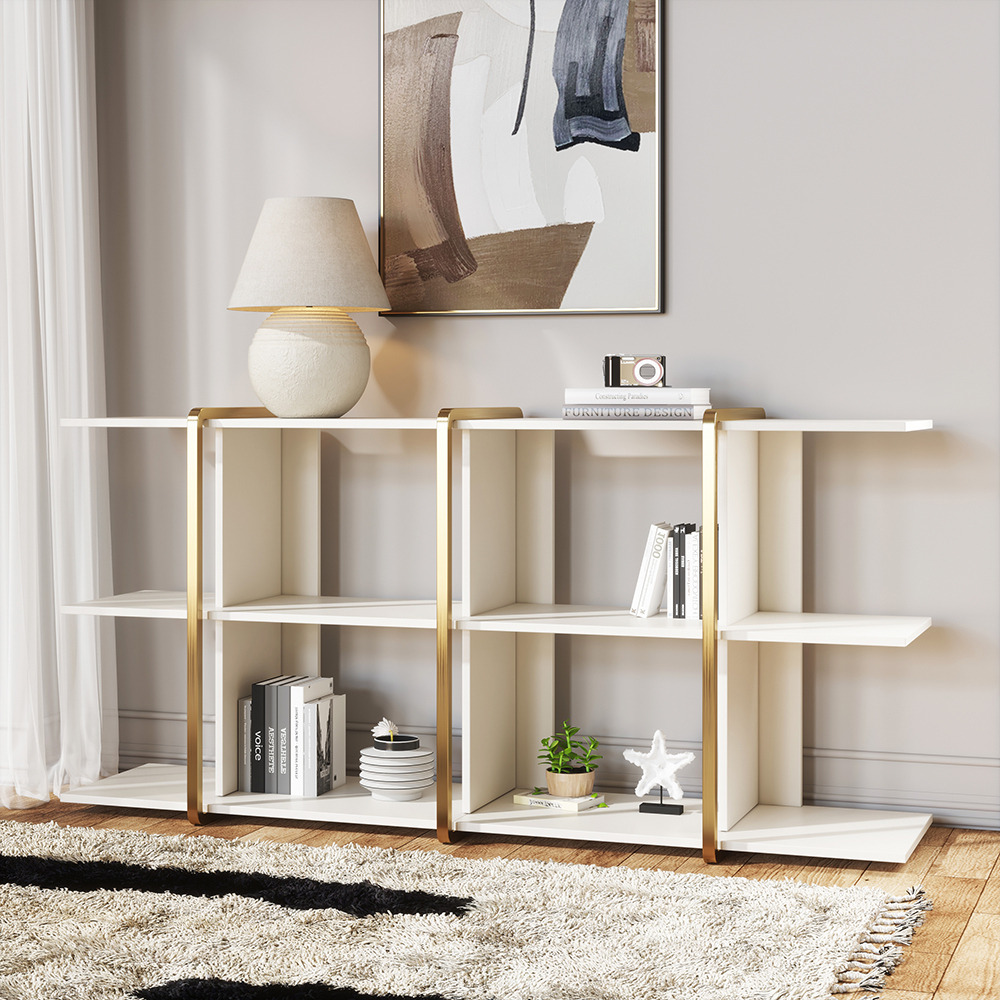 1830mm Long Low Bookshelf 2-Shelf Open Horizontal Bookcase White & Gold ...