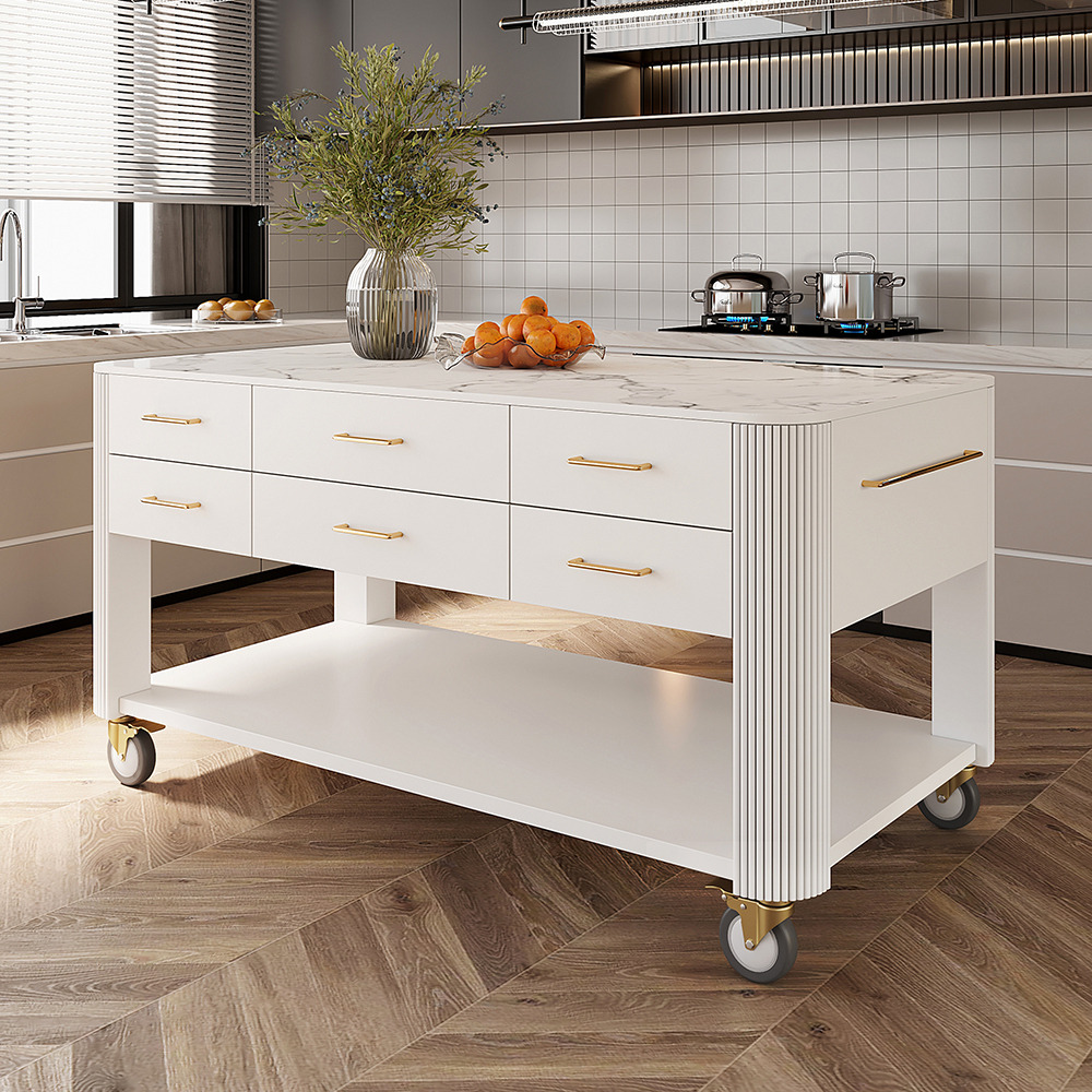 "60"" White Kitchen Island with Drawers & Wheels Modern Kitchen Cabinet ...
