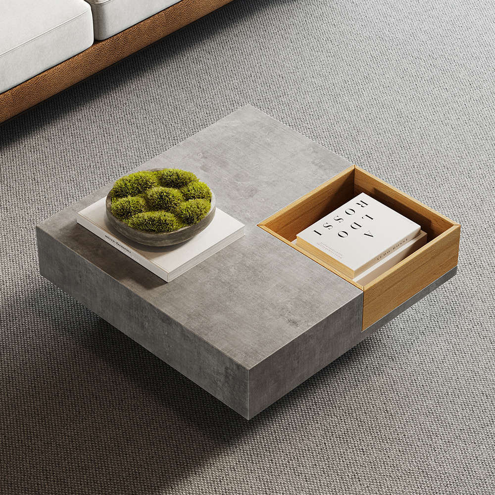 700mm Japandi Wooden Square Coffee Table with Open Storage Concrete ...
