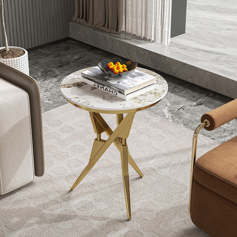 Modern White & Gold Round Side Table with Sintered Stone Tabletop End ...