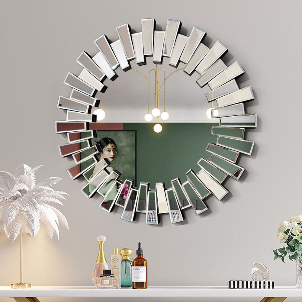 650mm Modern Silver Round Sun Wall Mirror Decor Art with Geometric ...